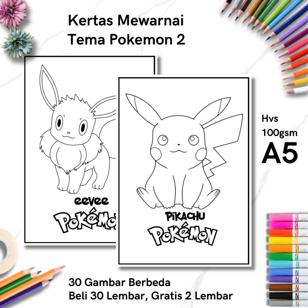 30 Sheets of Pokemon Theme Coloring Paper 2 A5 - Educational Coloring ...