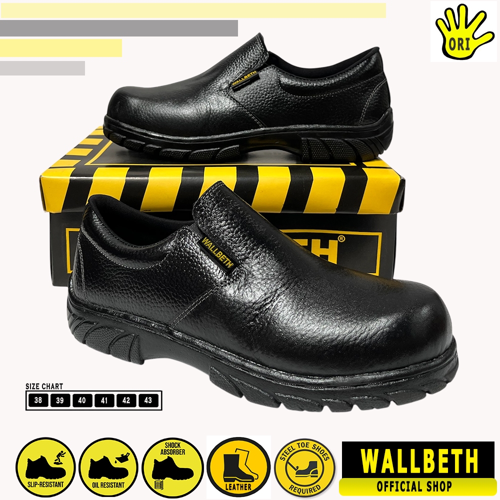 KING WALLBETH W05 SAFETY BOOTH SHOES slip on GENUINE BLACK LEATHER IRON ...