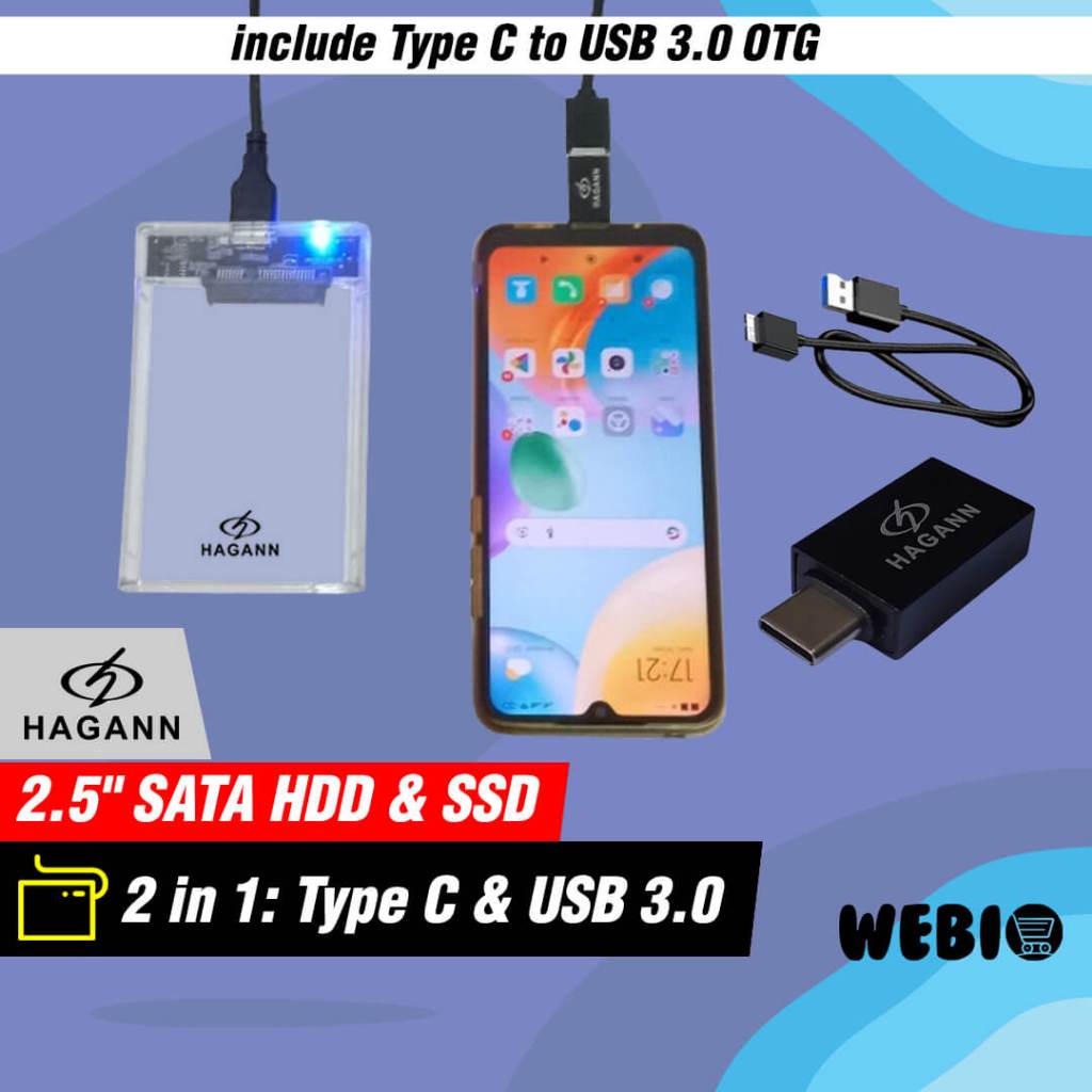 Hagann HDA-E30 Hard Disk & OTG Casing External HDD SSD Enclosure 2.5" For USB 3.0 & Type C Port ...