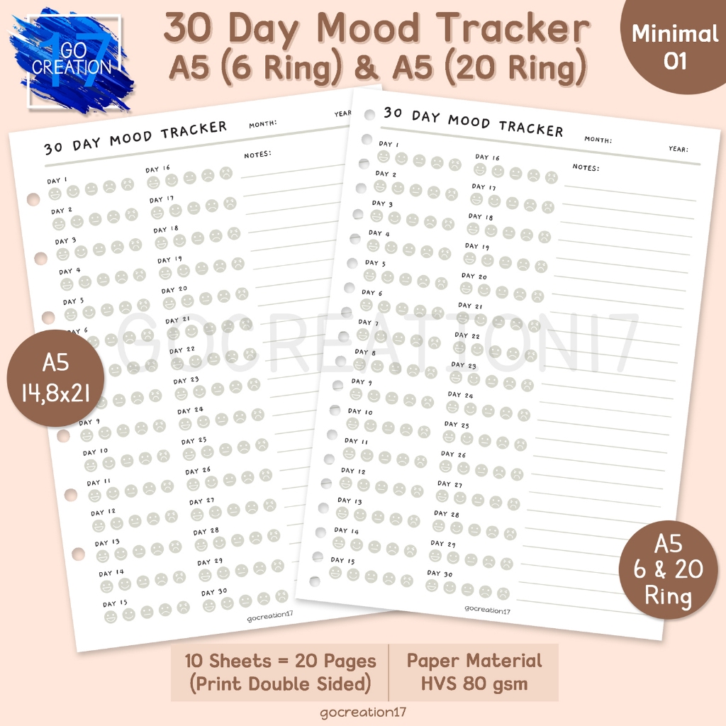 Paper Planner Book Binder Contents 30 Day Mood Tracker Simple ...