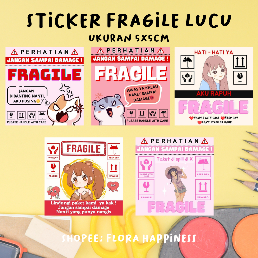 (100 pcs)CUTE FRAGILE STICKER FRAGILE STICKER 5X5CM FRAGILE STICKER FOR ...