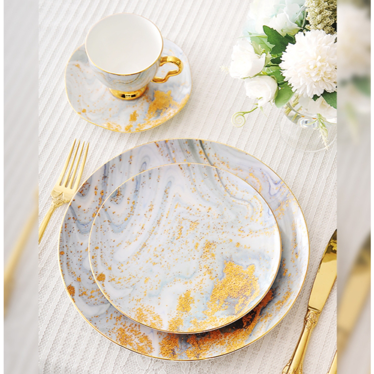 Ash Gold Marble Motif Ceramic Dinner Plate / Heat Resistant Serving ...