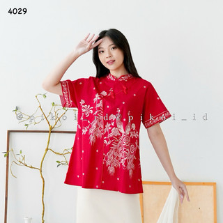 MERAH KATUN CNY Red Batik Cheongsam Top Sincia Cheongsam Shirt/ Stretch ...