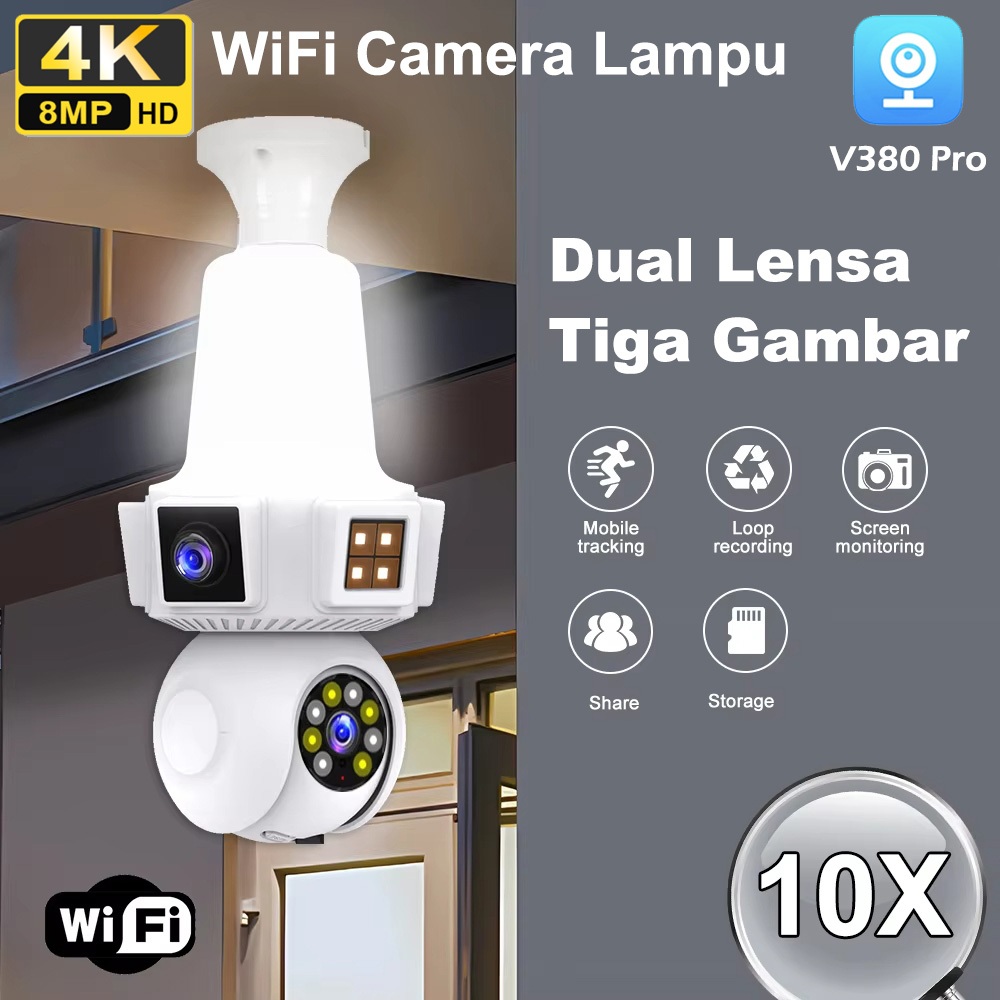 Dual lensa Tiga Gambar Bulb Camera IP Kamera Wifi Bohlam lampu 8MP PTZ ...