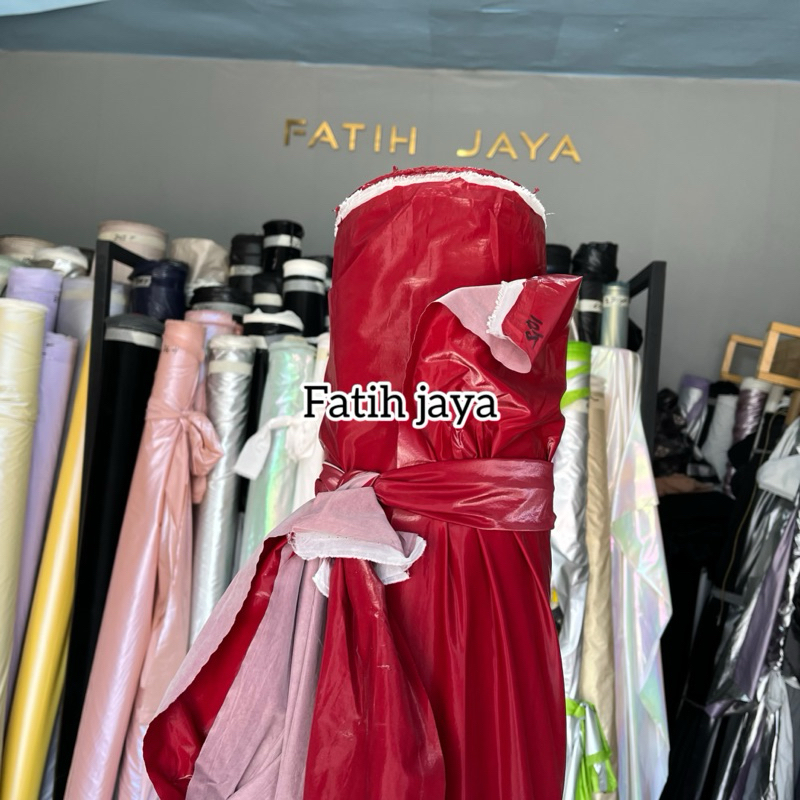 MERAH New Koting latek fabric in dark chili red. Shiny Glossy hollow ...