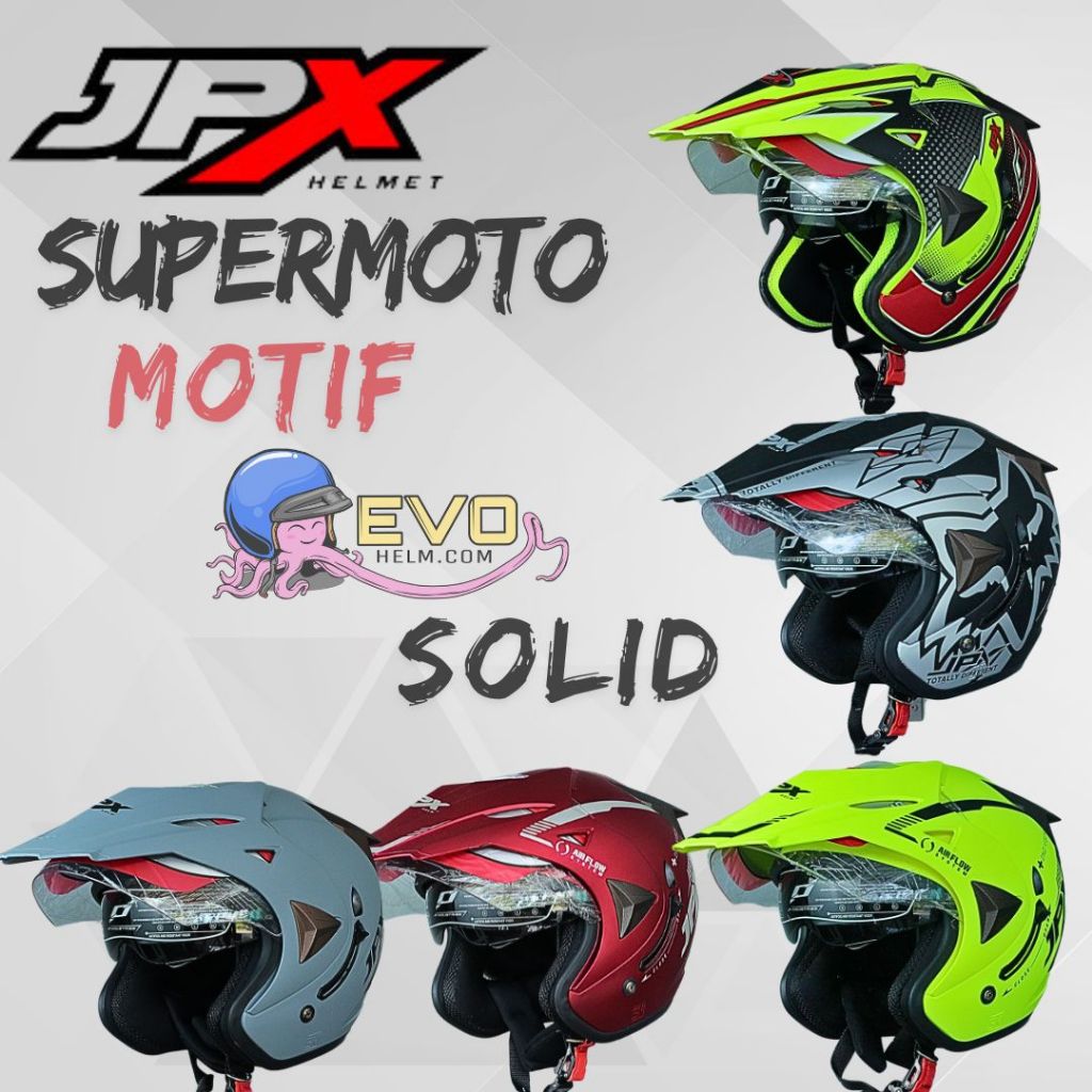 Jpx SUPERMOTO SOLID HELMET & ORIGINAL MOTIF 100% HALF FACE HELMET JPX ...