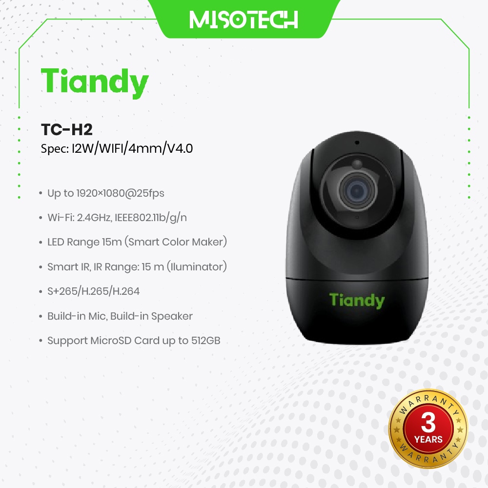 Babycam Wifi Pan-Tilt CCTV Tiandy TC-H2 Black 2MP IP Color Maker Two ...