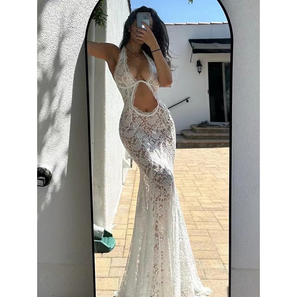 SAF - outer ONLY - EDITH white lace halter neck outer long dress woman ...