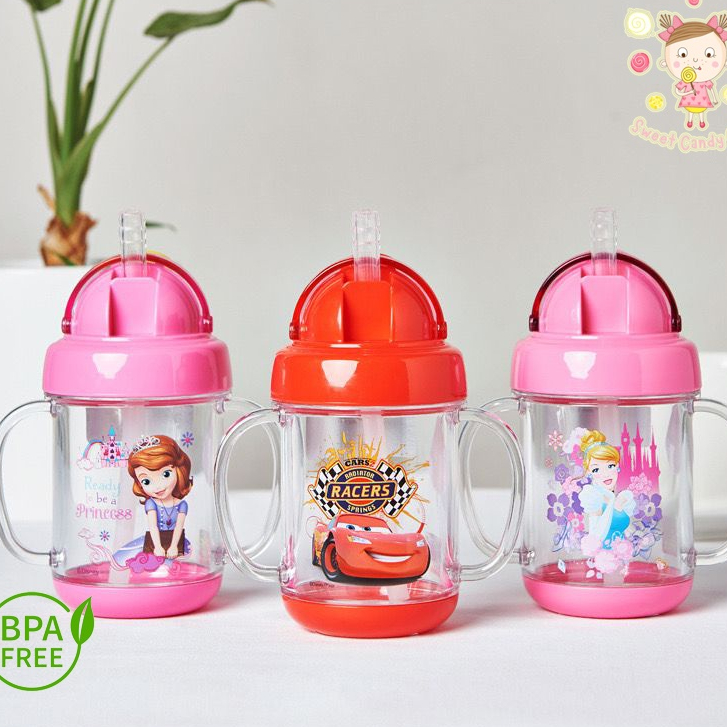 Children's STRAW DRINKING BOTTLE DOUBLE HANDLE TRITAN BPA FREE PRINCESS SOFIA MCQUEEN CARS ...