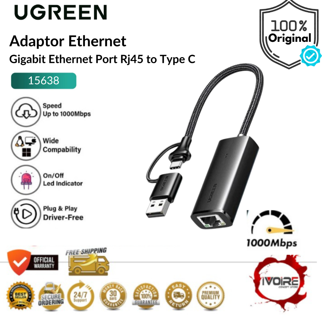 UGREEN Ethernet Adapter Usb A Usb C 1000Mbps - Black (15638) | Shopee ...