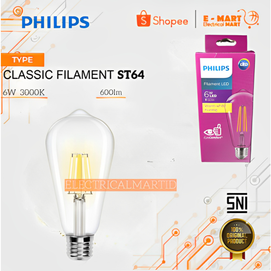 Philips Filament LED Bulb Classic 6W ST64 E27 Clear 6 watt Cafe Lamp ...