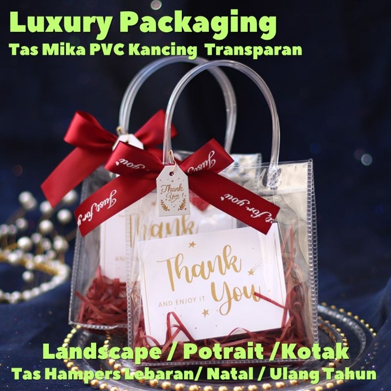 Transparent Button PVC Mica Bag / Transparent Mica Goodie Bag Hampers ...