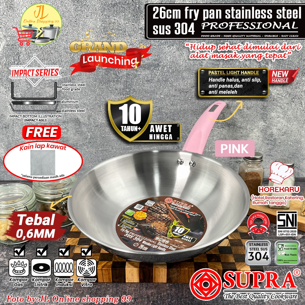 Supra Fry pan 26cm stainless SUS 304 professional series handle pastel Pink impact bottom ...