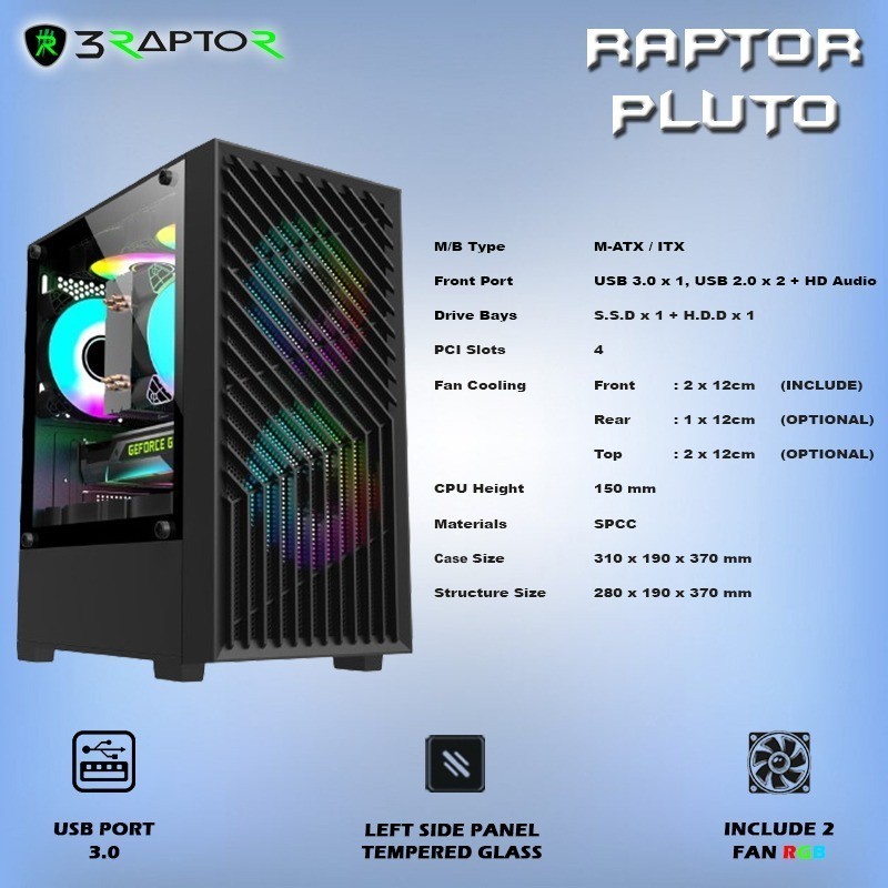 M-ATX PLUTO Power Up PC Casing - RAPTOR PLUTO + 2 FAN RGB MATX Case ...