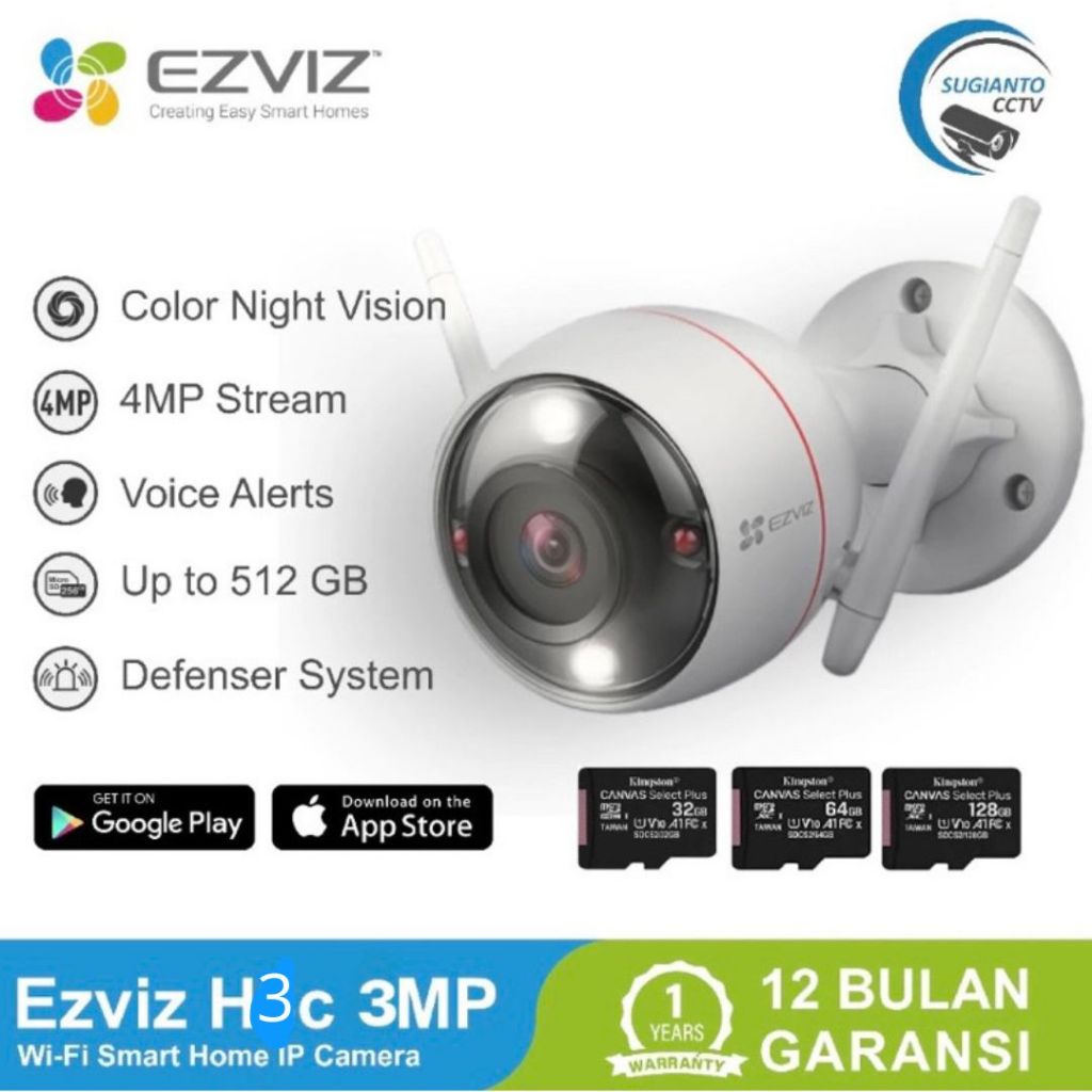 CCTV Ezviz H3c 3MP Outdoor Smart Home Camera WiFi IP With Color Night ...