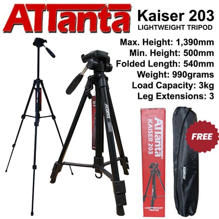 Attanta KAISER 203 Tripod for DLSR Mirrorless Professional Video Camera + Tripod Bag | Shopee ...