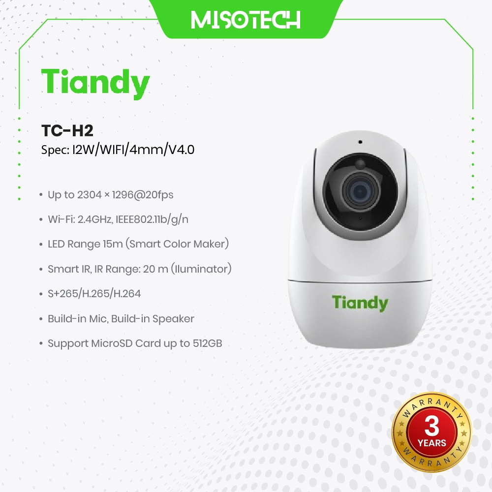Tiandy TC-H2 3MP 2K Pan-Tilt Babycam Wifi CCTV Indoor Color Maker Two ...