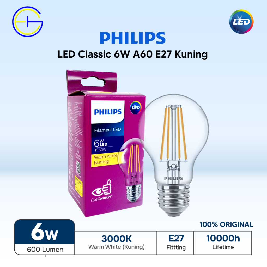 Philips Classic LED Bulb 6-60W A60 E27 Yellow 3000K | Shopee Singapore