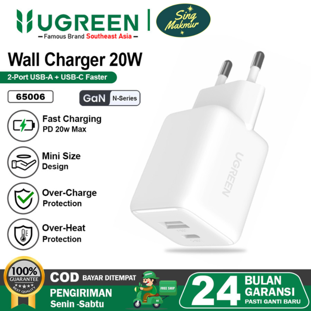 Ugreen Dual Port USB A Charger Head + USB Type C Fast Charging 20W ...