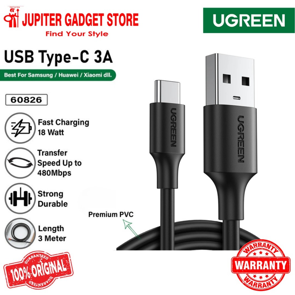 Ugreen 60826 Data Charger Cable USB TYPE C 3A 3M Fast Charging QC 3.0 ...