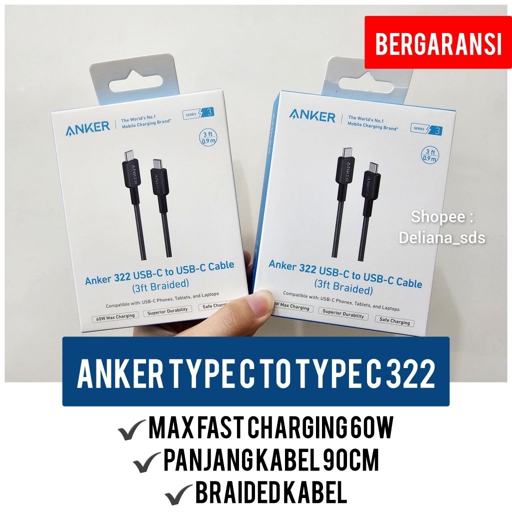 Anker Type c to Type c 322 90cm Cable Official Guarantee 1 Year Type c ...