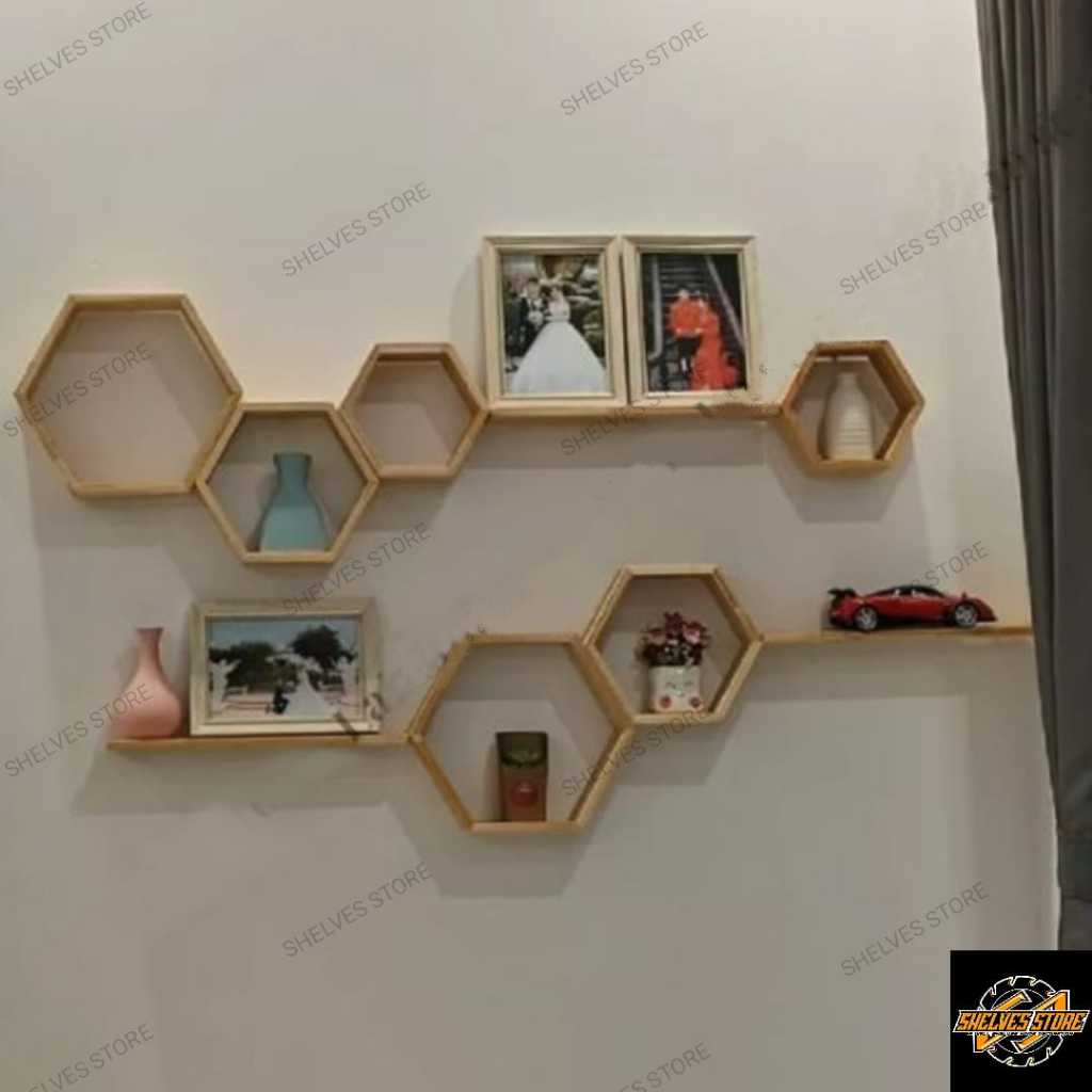 HIASAN DINDING KAYU Shelv hexagonal wall shelf hexagon minimalist ...