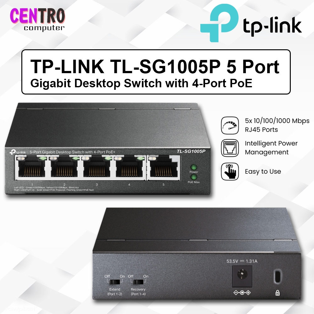 TPLINK TL-SG1005P 5 Port Gigabit Desktop Switch with 4-Port PoE TP-Link TL-SG1005P – 5-Port ...