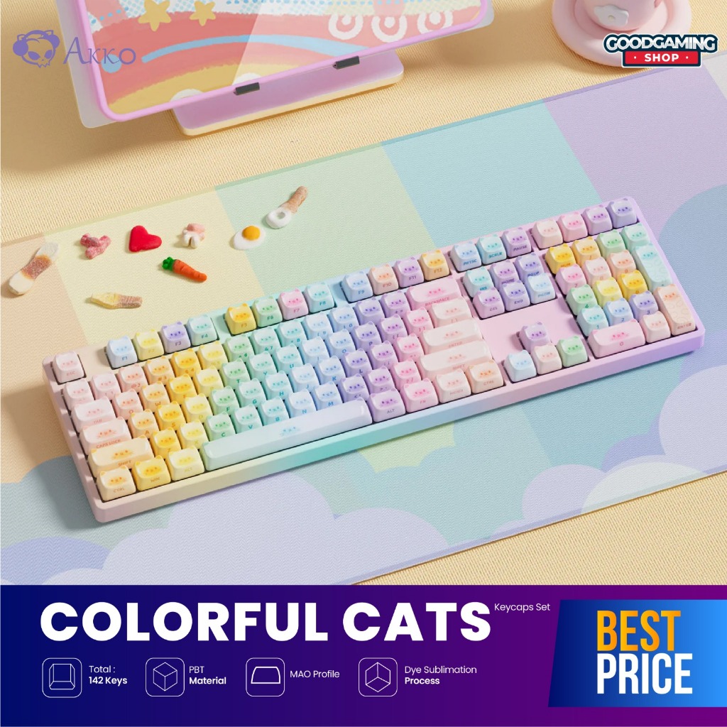AKKO Colorful Cats Keycap set 142-keys PBT Dye-Sub MAO Profile Keycaps ...