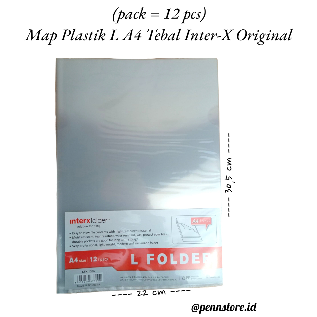 (Pack = 12 pcs) Plastic Folder L A4 Thick Inter-X Plain Clear ...