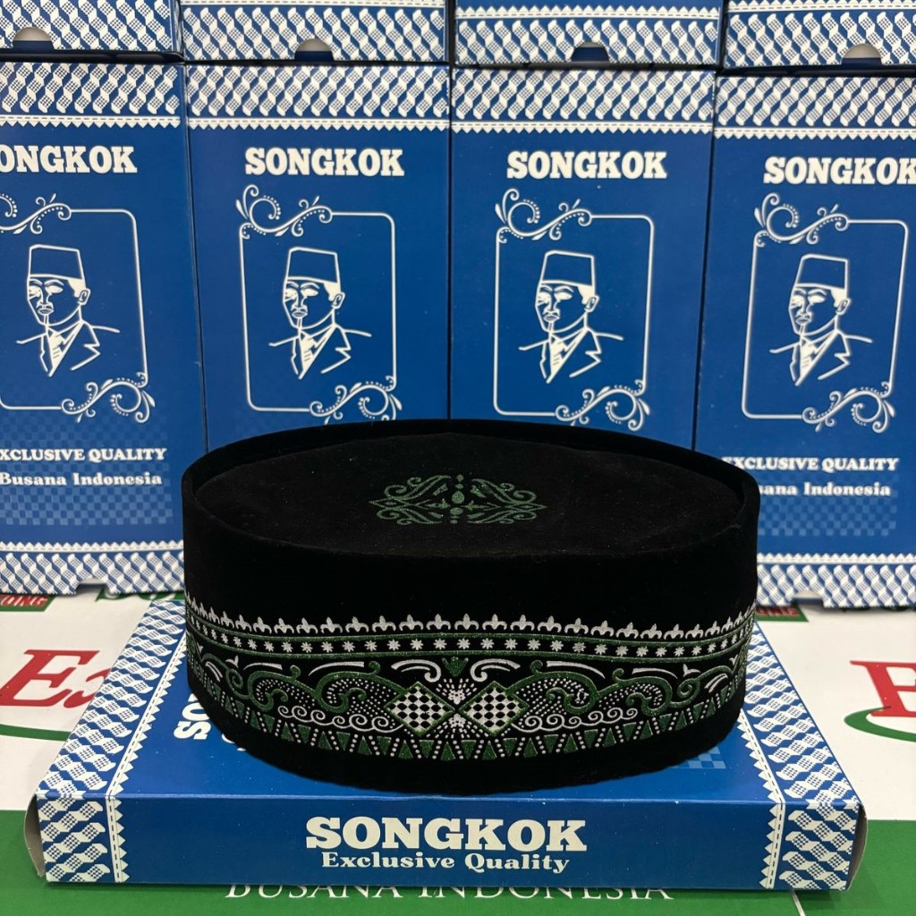 HITAM HIJAU Black Songkok skull cap Batik Ketupat Green Tall 9 + Box ...