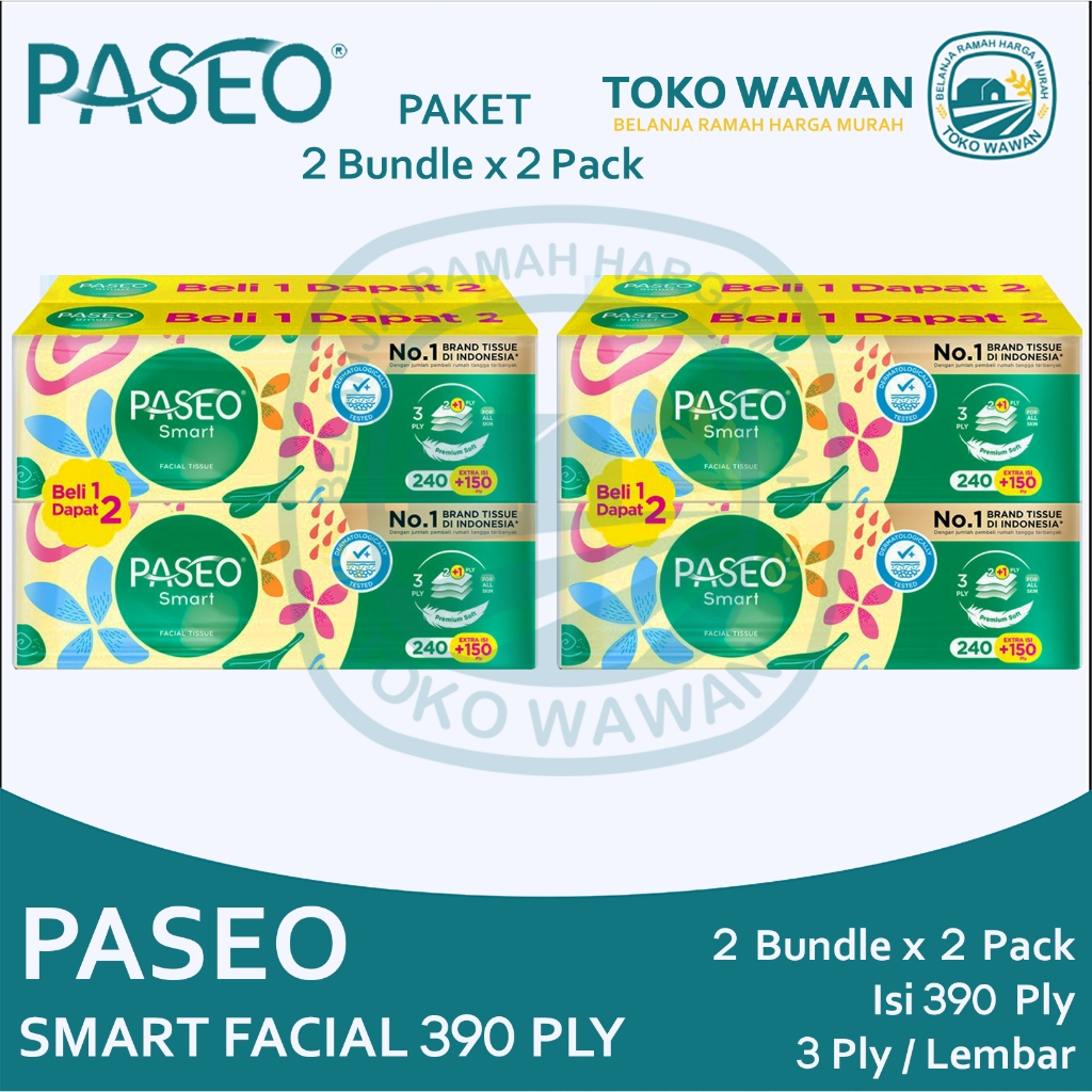 2 BUNDLES - PASEO Smart Facial Tissue Bundle Pack 390 Sheets - 3 Sheets ...