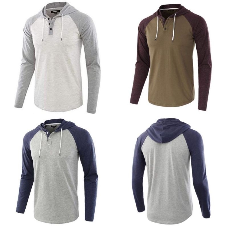 Men's long-sleeved t-shirt with hat and has three buttons on the front ...