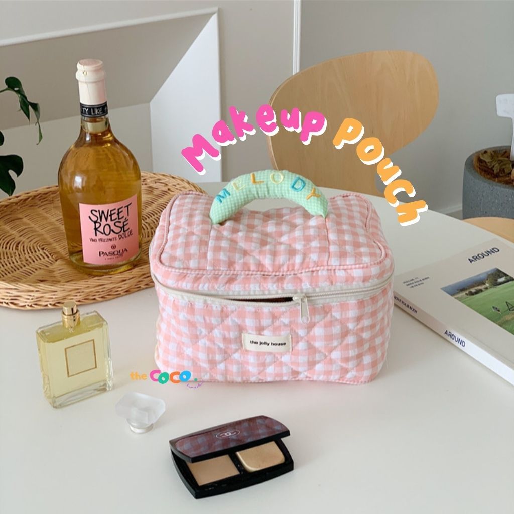 Korean Aesthetic Makeup Pouch | Beauty Case Gingham Quilted Puffy Pouch ...