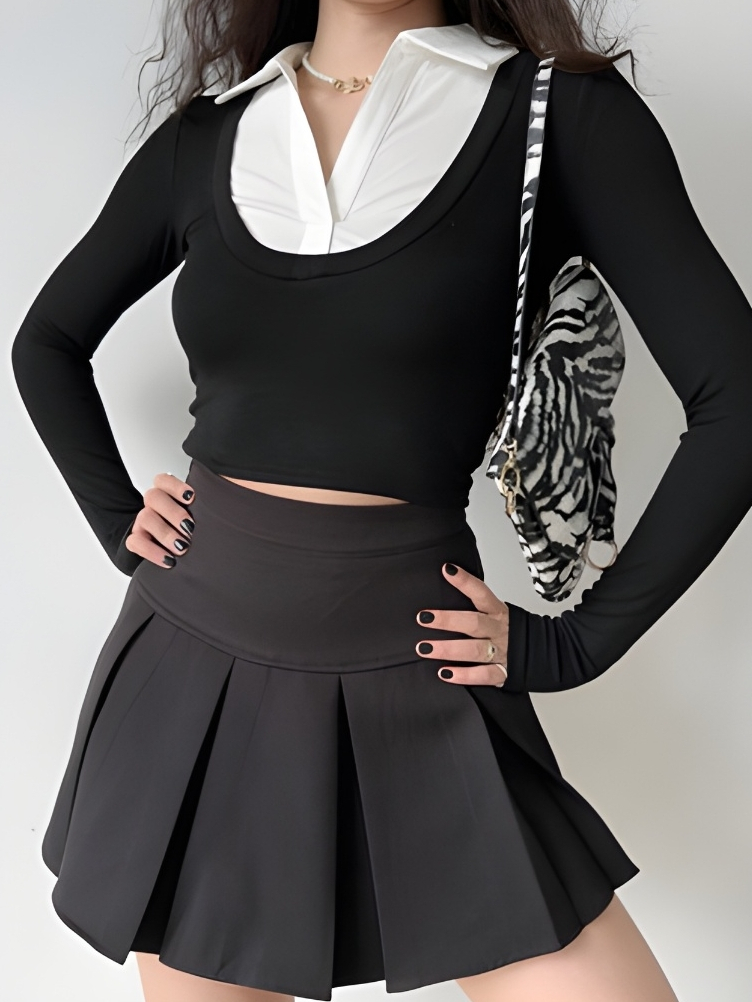 MM 1QSIO Fake Two Piece Ribbed Crop Top with V Collar and Long Sleeves ...