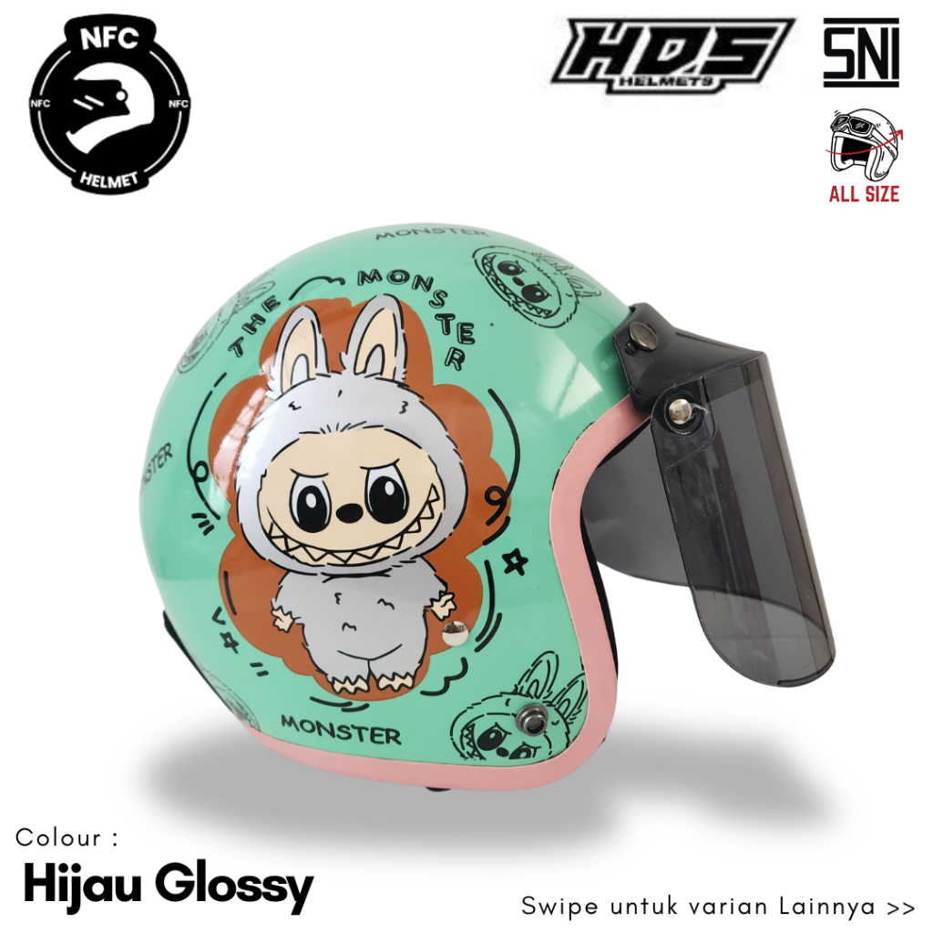 HIJAU Adult Bogo Helmet with Green Labubu HDS Motif SNI Retro Half face ...