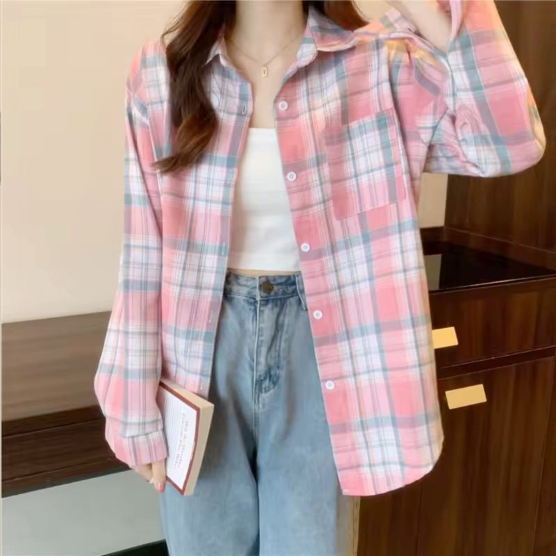 KEMEJA Women's long flannel top unisex pink flannel shirt | Shopee ...