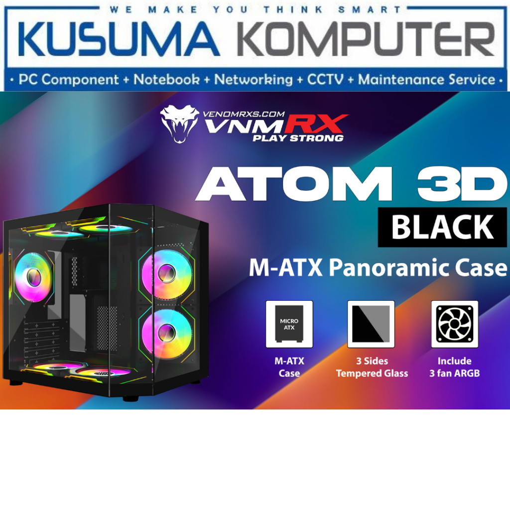 Casing VENOMRX ATOM 3D BLACK + 3 FAN ARGB Micro ATX Gaming Case ...