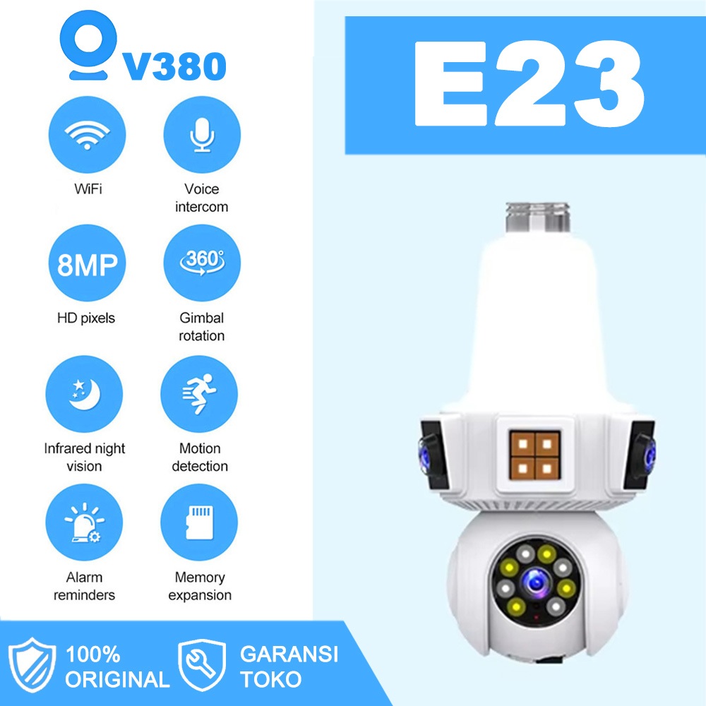 V380 E23 Dual lensa Tiga Gambar Bulb Camera IP Kamera Wifi Bohlam lampu ...