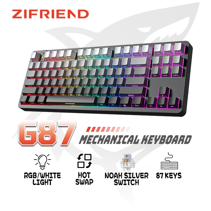 ZIFRIEND G87 Mechanical Gaming Keyboard TKL Side Engraved Keycaps RGB Light Wired Silver Switch ...