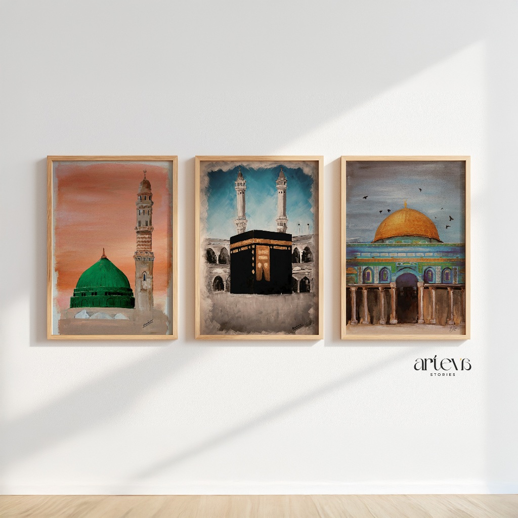1 Set of 3 Abstract Landscape Paintings of Islam Kaaba Mecca, Gold Dome ...