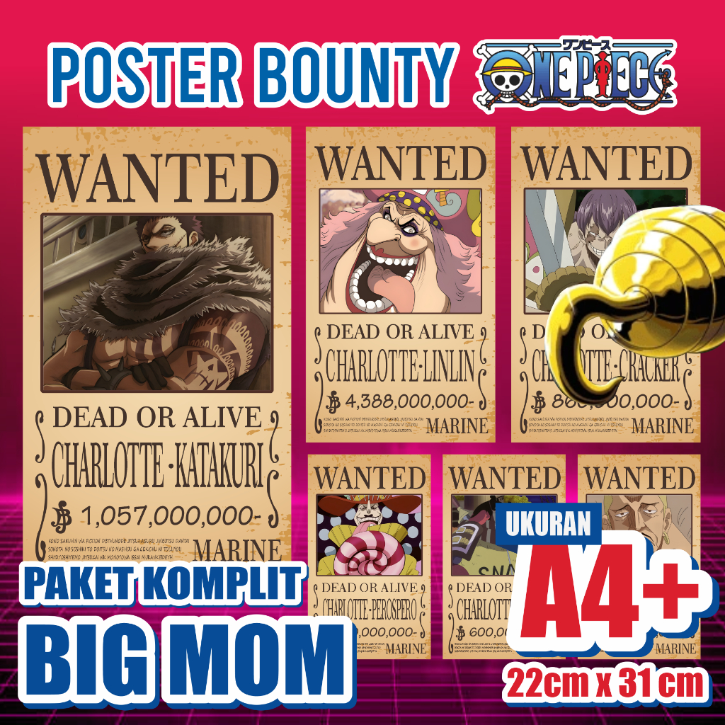 Bounty Poster Mom Katakuri One Piece Wanted Complete Package 1 Crew A4 ...