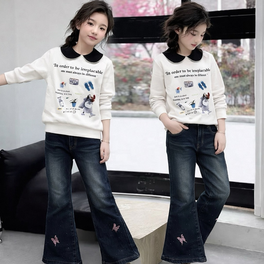 FLORA MARVEL - Girls' Cutbray Jeans Set 6-13 Years Black Collar ...