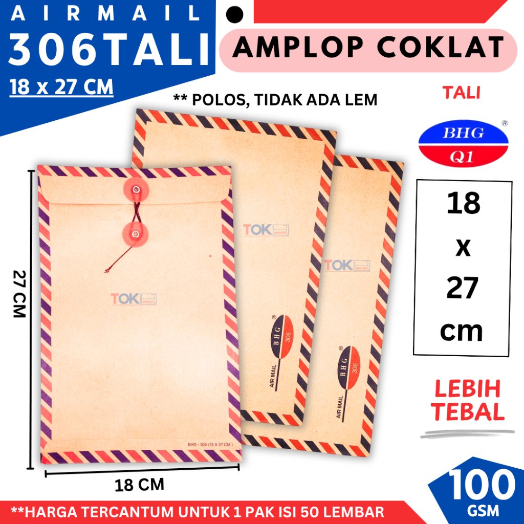 (50 sheets) BHG AIRMAIL 306 Brown Envelope with 100 GSM thick rope (18 ...