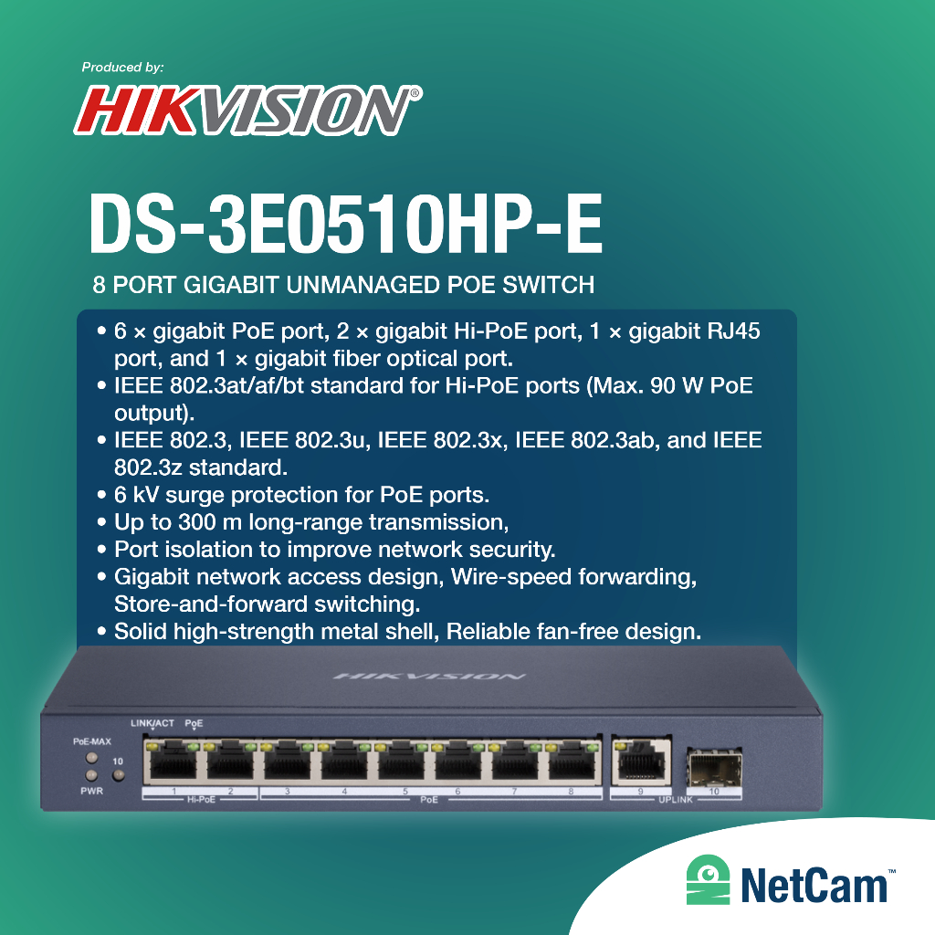 HIKVISION POE DS-3E0510HP-E 8 PORT POE SWITCH + 3 PORT GIGABIT RJ45 + 1 ...