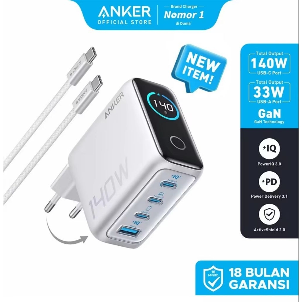 ANKER Digital Display 140W 4 Port Charger Adapter with Type C Cable ...
