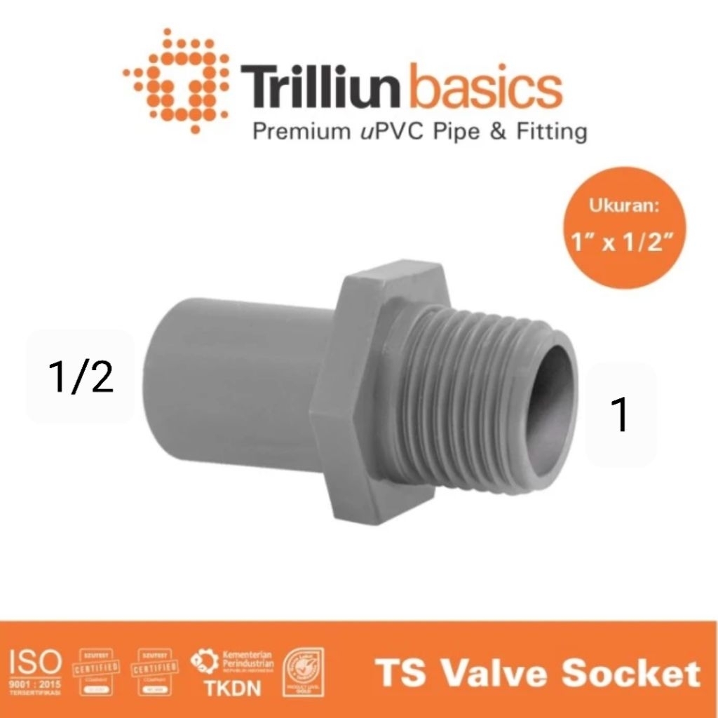 Valve sock 1 x 1/2, Trillun outer thread socket, pvc pipe fitting ...