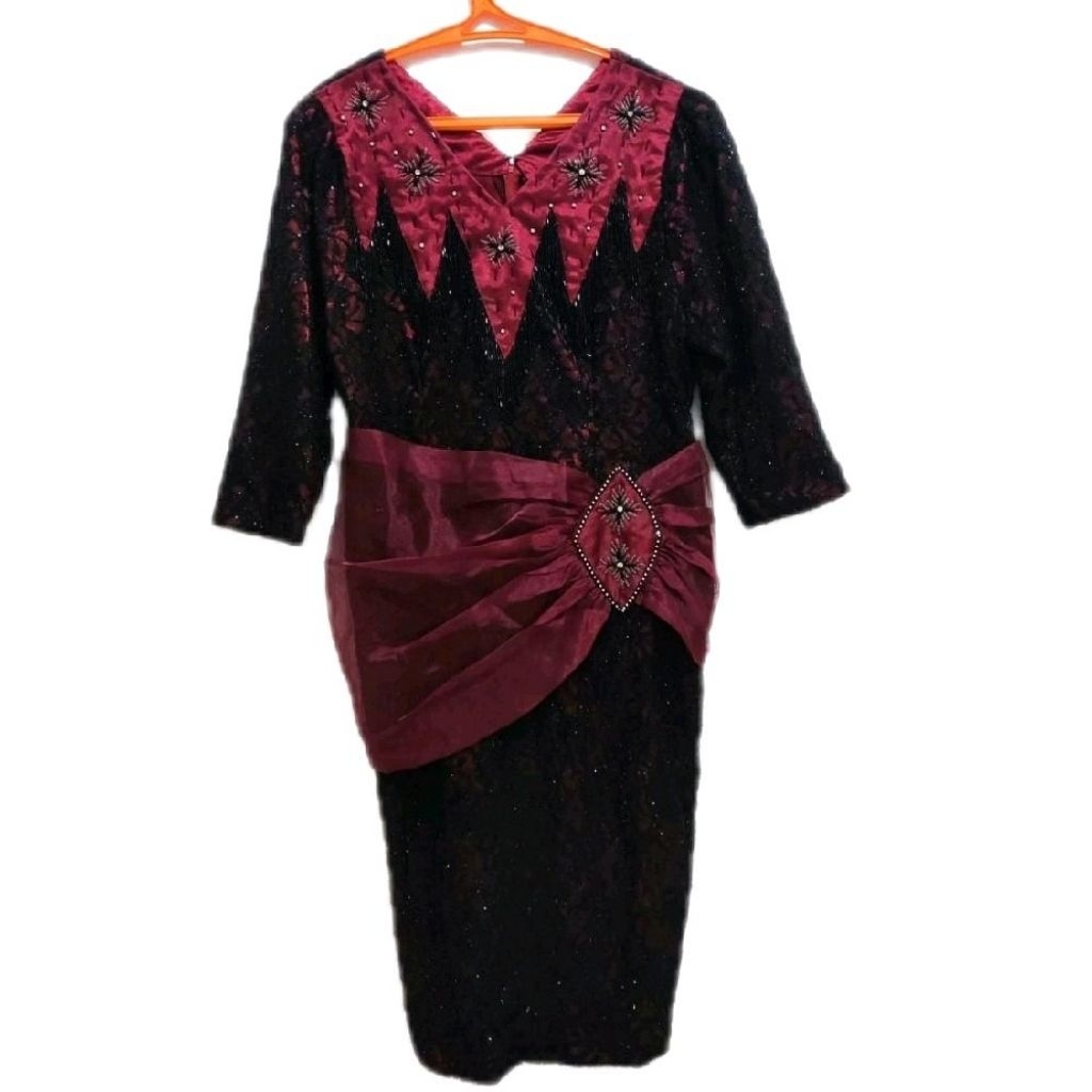MERAH Women's Midi dress for weddings in maroon red and black brocade ...