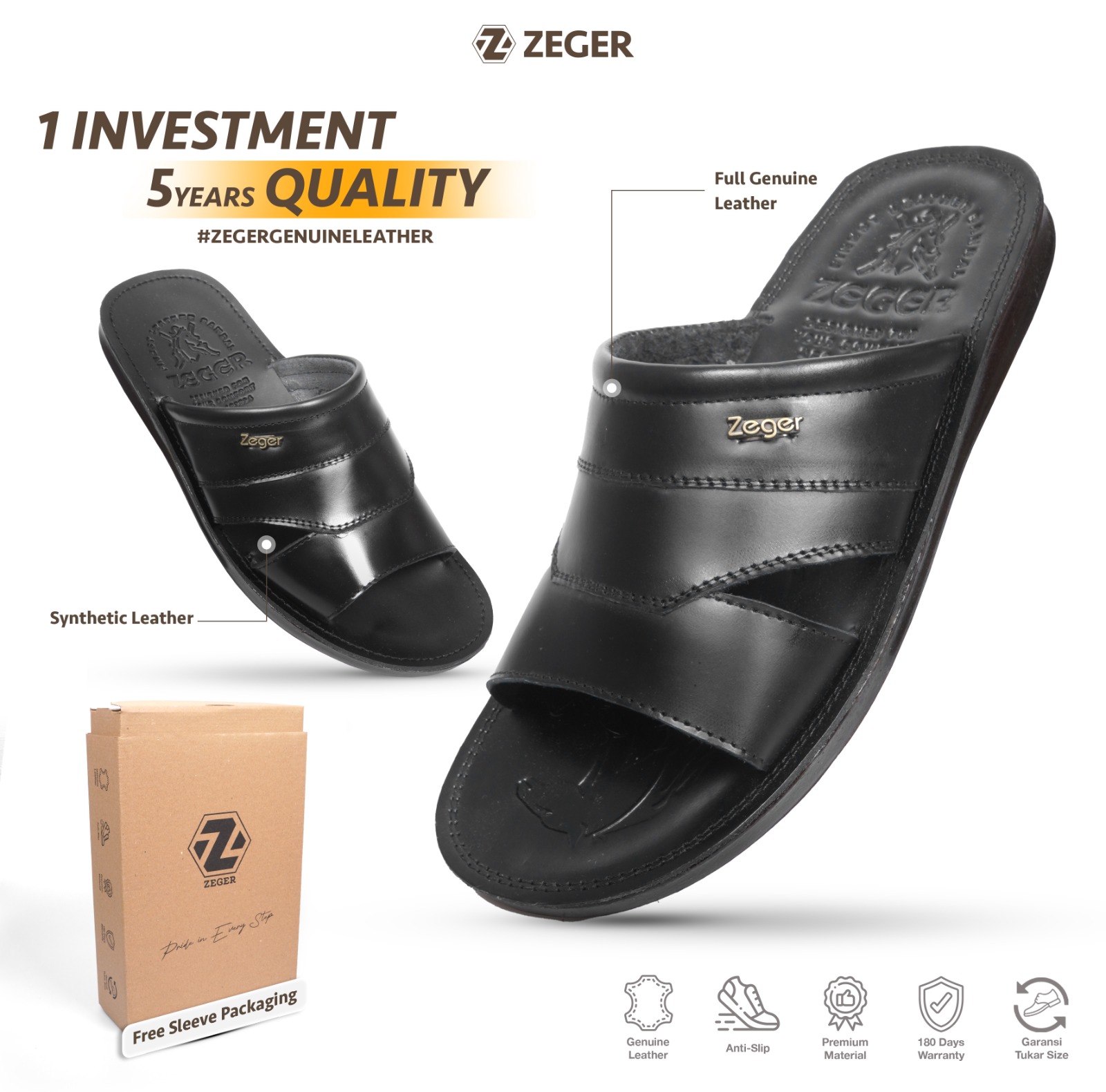 ZEGER Men's Leather Sandals Kokop Slippers - TM 401 | Shopee Singapore