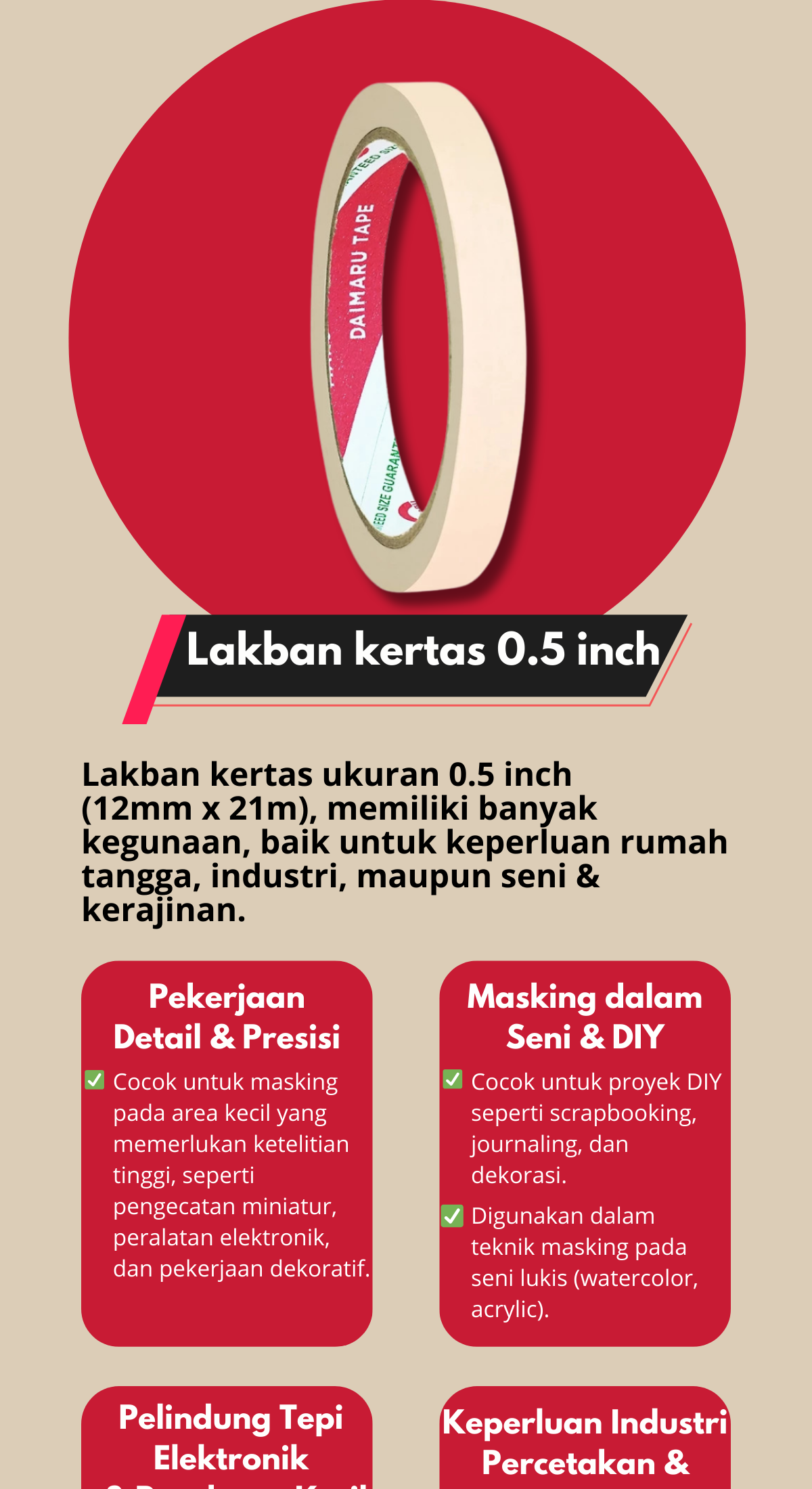 Daimaru Masking Tape 1 Inch Paper Duct Tape 24mm x 21m - 60 Pcs ...