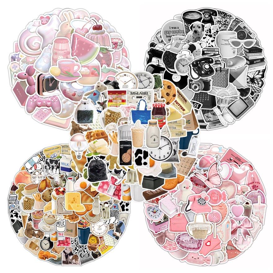 63PCS Cute Cartoon Stickers Ins Style Pink Black Cows Milk Butter Food ...